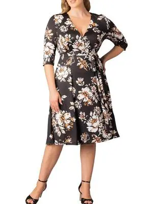 KIYONNA Signature A-line Wrap Dress - Black Scattered Blooms