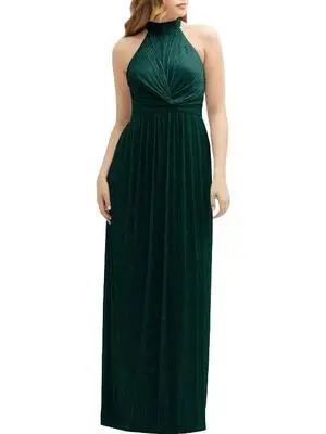 After Six Metallic Pleated Halter Gown - Evergreen Metallic