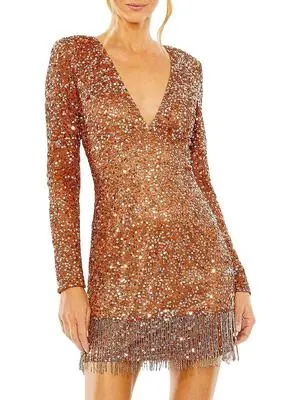 Mac Duggal Sequined V-neck Fringe Minidress - Copper