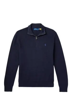 Polo Ralph Lauren Logo-embroidered Honeycomb-knit Cotton Half-zip Sweater - Blue