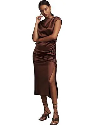 Bhldn Francesca High-neck Stretch Satin Midi Dress - Chocolate