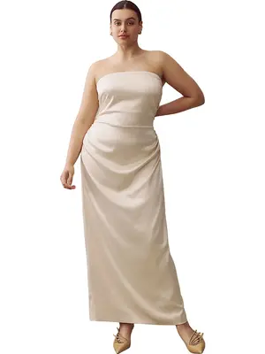 Bhldn BHLDN Selena Strapless Stretch Satin Midi Dress Beige
