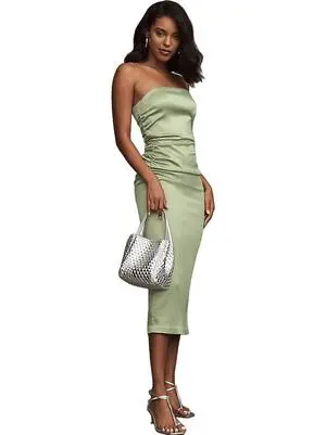 Bhldn Selena Strapless Stretch Satin Midi Dress - Sage
