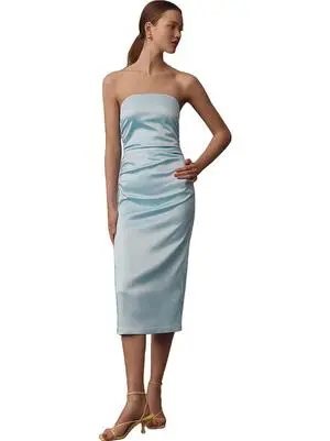 Bhldn Selena Strapless Stretch Satin Midi Dress - Sky