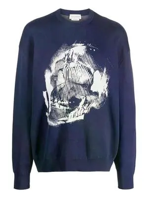 Alexander McQueen Skull Graffiti Jacquard-knit Jumper - Blue