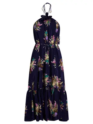 Zimmermann Floral-print Halterneck Midi Dress - Navy