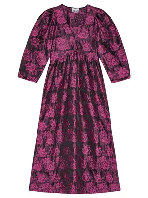 GANNI Botanical-jacquard Puff-sleeves Midi Dress - Pink