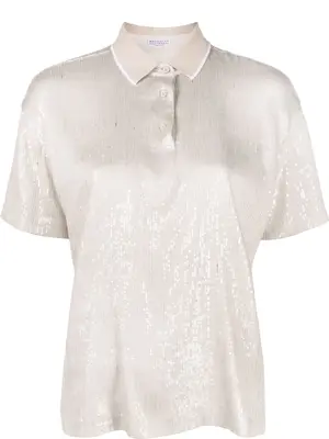 Brunello Cucinelli Sequin Embellished Polo T-shirt - Neutrals