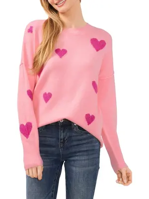 CECE DUPRAZ Heart Pattern Intarsia Crewneck Sweater - Prism Pink