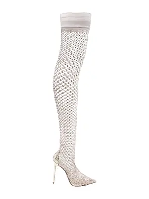 LE SILLA Gilda 120mm Rhinestone Fishnet Boots - Gold