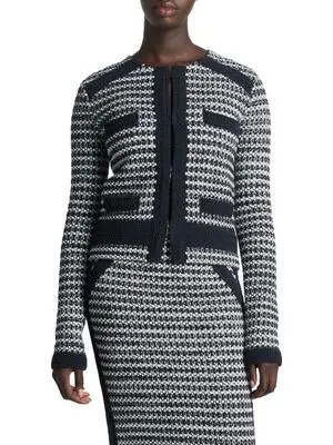 St. John Bicolor Mixed Knit Crop Jacket - Black/ Ivory Multi