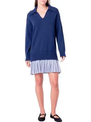 English Factory Mixed Media Long Sleeve Minidress - Navy/navy