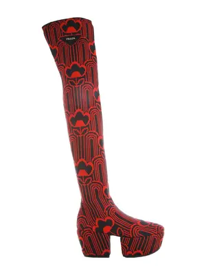 Prada Jacquard Embroidered Over-the-knee Boots - Red