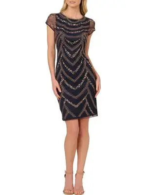Adrianna Papell Beaded Cocktail Dress - Navy/rosegold