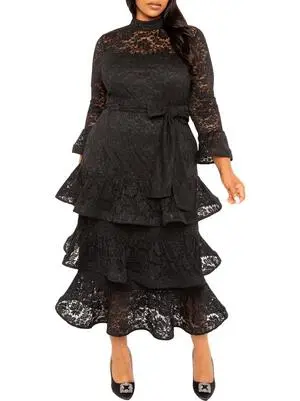 BUXOM COUTURE Tiered Lace Maxi Dress - Black