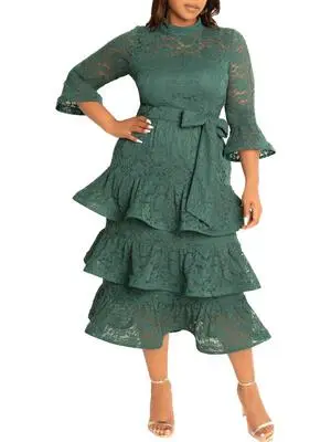 BUXOM COUTURE Tiered Lace Maxi Dress - Emerald