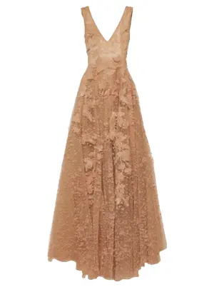 Costarellos Appliqué Tulle Gown - Beige