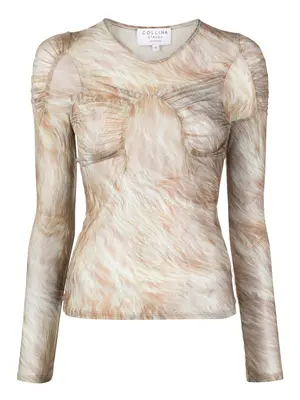Collina Strada Fur-print Mesh Top - Neutrals
