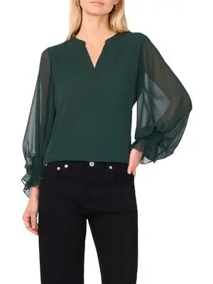 Vince Camuto Vince Camuto Ruffle Cuff Split Neck Blouse Forest Night