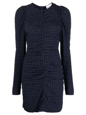 GANNI Checkered Seersucker Mini Dress - Blue