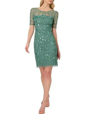 Adrianna Papell Floral Beaded Cocktail Sheath Dress - Green Slate