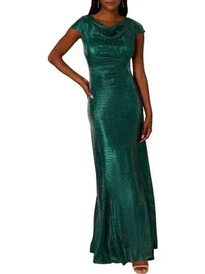 Adrianna Papell Adrianna Papell Metallic Drape Neck Gown Emerald