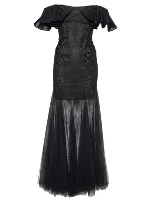 Costarellos Ruffled Lace And Tulle Gown - Black