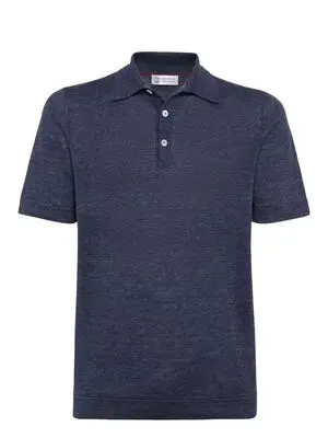 Brunello Cucinelli Ribbed-collar Slub-texture Polo Shirt - Blue