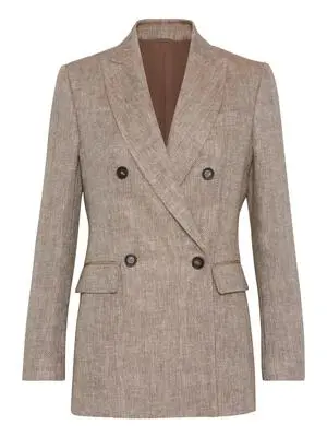 Brunello Cucinelli Double-breasted Herringbone Linen Blazer - Brown