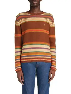 Acne Studios Face Patch Stripe Cotton Crewneck Sweater - Cinnamon Brown/ Multi