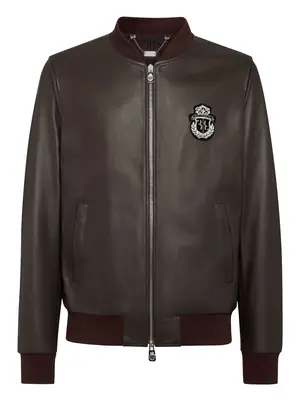 BILLIONAIRE Logo-patch Leather Bomber Jacket - Brown