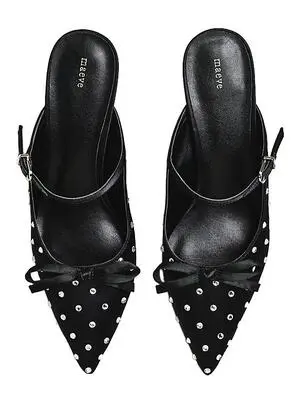 Maeve Bow Kitten-Heel Mules Black Satin / Rhinestones
