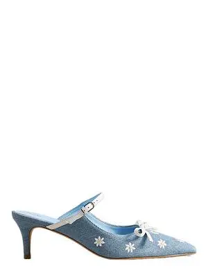 Maeve Bow Kitten-Heel Mules Light Denim