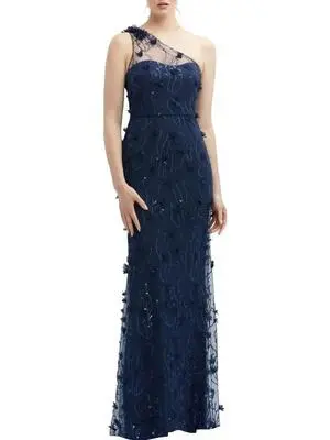 Dessy Collection Floral Appliqué One-shoulder Gown - Midnight