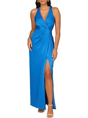 Adrianna Papell Aidan Mattox Beaded Trim Draped Satin Gown - Blue Horizon