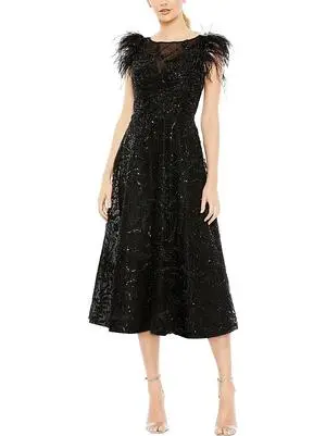 Mac Duggal Feather Shoulder Embellished Dress - Black