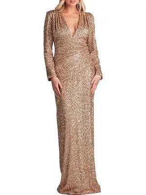 Tadashi Shoji Sequin Ruched Long Sleeve Gown - Copper