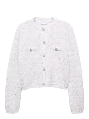 Mango Imitation Pearl & Crystal Button Sequin Tweed Cardigan - Ecru