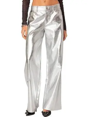EDIKTED Metallic Faux Leather Wide Leg Pants - Silver
