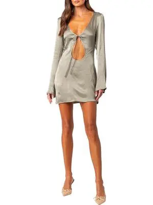 EDIKTED Cutout Long Sleeve Satin Mini Dress - Olive