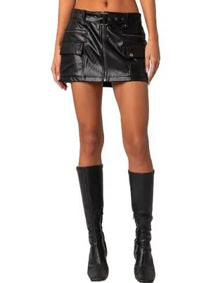 EDIKTED Belted Cargo Faux Leather Miniskirt - Black