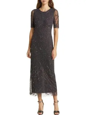 Pisarro Nights Beaded Tulle Column Gown - Slate