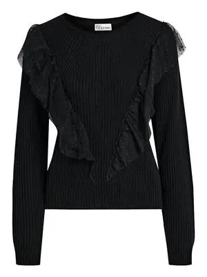 Red Valentino Point D'esprit-trimmed Ruffled Ribbed-knit Sweater - Black
