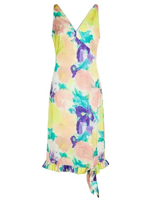 Remain Birger Christensen Ruffled Floral-print Satin Midi Dress - Jade