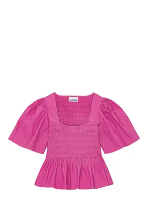 GANNI Peplum-waist Organic-cotton Blouse - Pink