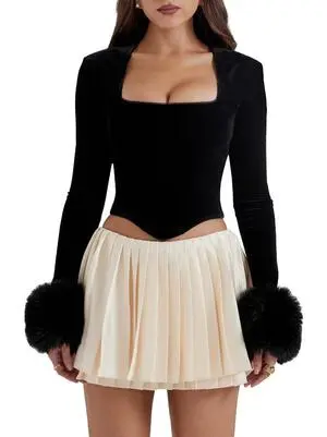 House Of Cb Faux Fur Corset Top - Black