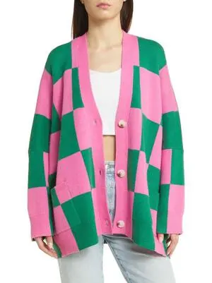 DRESSED IN LALA Oversize Checkerboard Cardigan - Watermelon