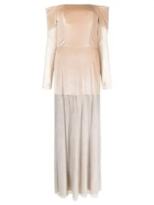 BAZZA ALZOUMAN Off-shoulder Rhinestone-embellished Gown - Neutrals
