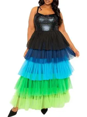 BUXOM COUTURE Faux Leather & Tulle Tiered Maxi Dress - Blue Multi