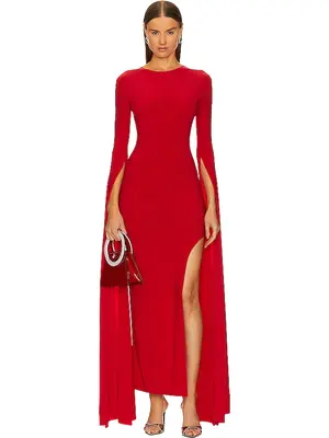 Norma Kamali Open Back Ribbon Sleeve Wide Slit Gown - Red